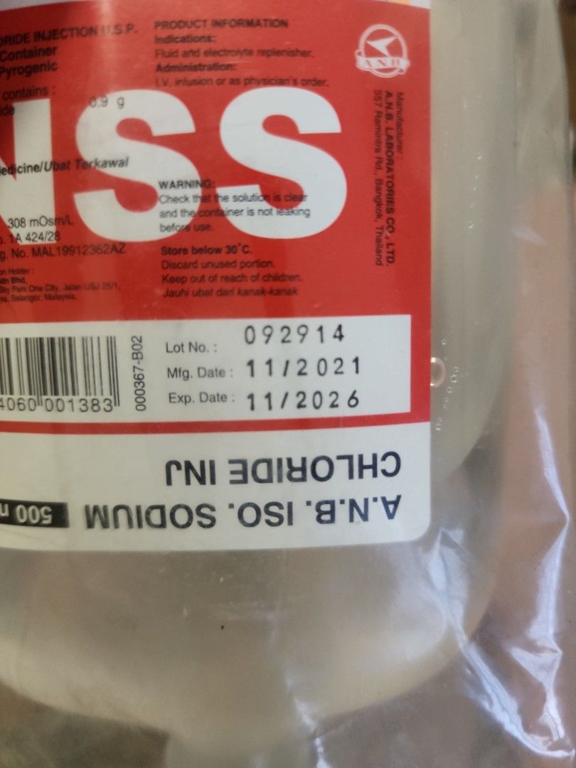 ANB ISO. Sodium Chloride Inj 500ml, Health & Nutrition, Medical ...
