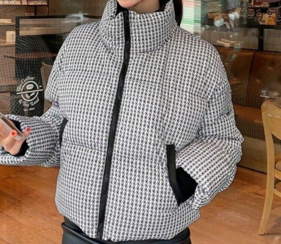 Houndstooth Puffer Jacket, Women's Fashion, Coats, Jackets and ...