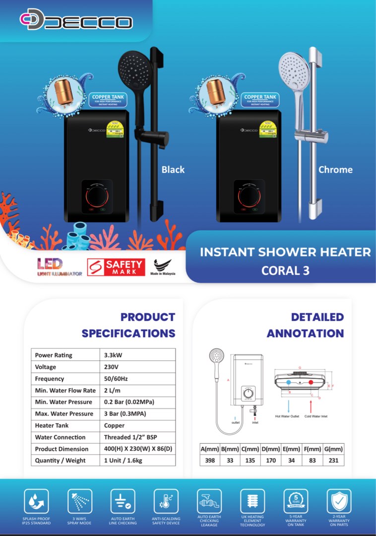 Decco Coral 3 Instant Shower Heater with Copper Tank and ELCB Safety ...