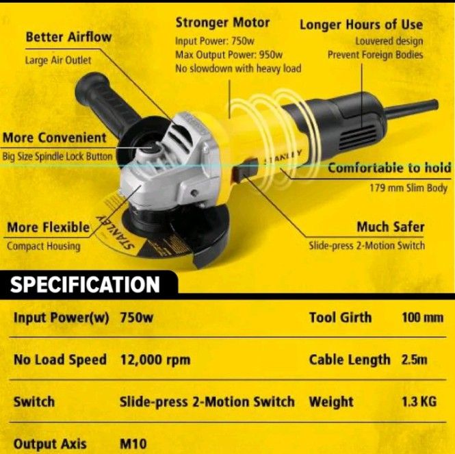 High-Power Angle Grinder | Slim Body 100mm (Grip 179mm) | 12000 RPM ...