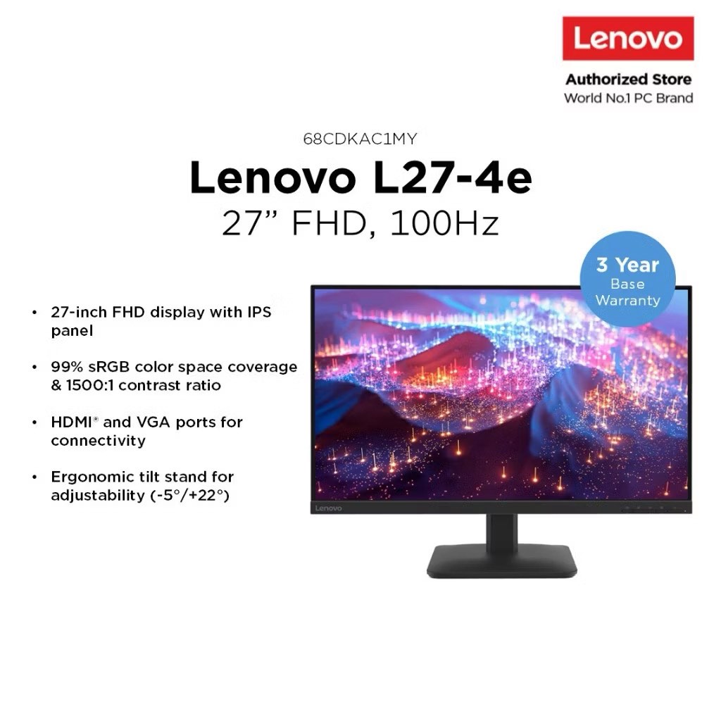Lenovo L27-4e Monitor | 27" 100Hz FHD (1920x1080) | Tilt Stand | 3Y ...