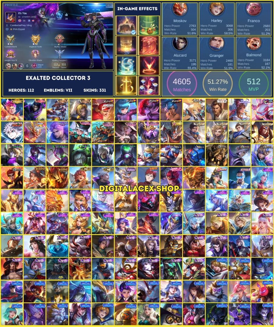 Mobile Legends Account🔥Exalted Collector 3⚡KOF Paquito💥KOF Chou💥 ...