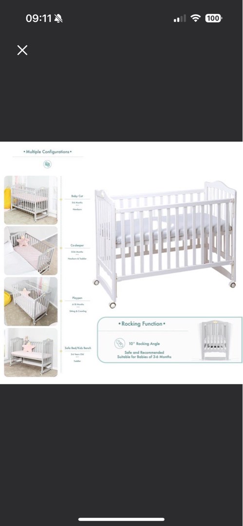 White Convertible Baby Cot with Rocking Function, Babies & Kids, Baby ...