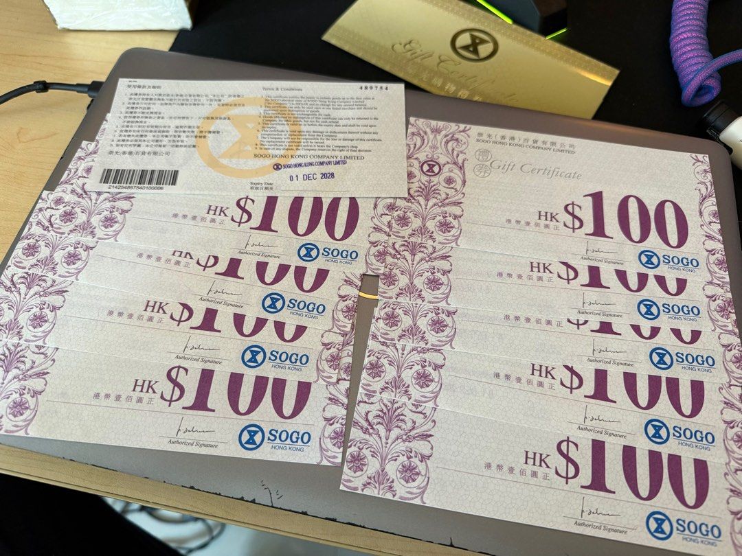 SOGO HK$1000 Gift Certificate 現金券 九折, 門票＆禮券, 現金券、兌換券、禮券 - Carousell