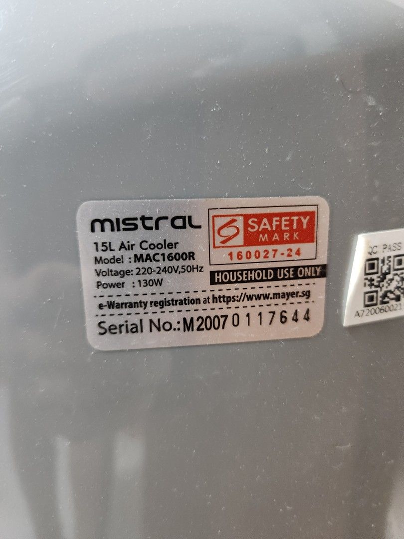 Mistral 15L Air Cooler MAC1600R, TV & Home Appliances, Portable Air ...
