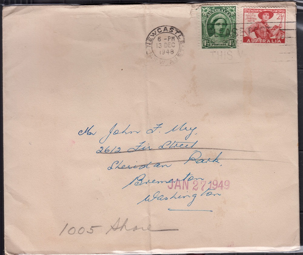 Australia 1948 Cover with 1½d & 2½d stamps from Newcastle to Washington ...