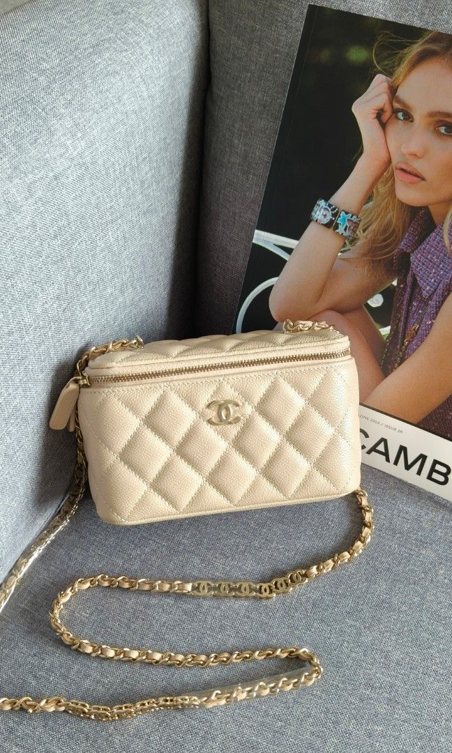 Chanel Small Vanity Rectangle Beige Caviar CC Logo Chain Gold Hardware ...