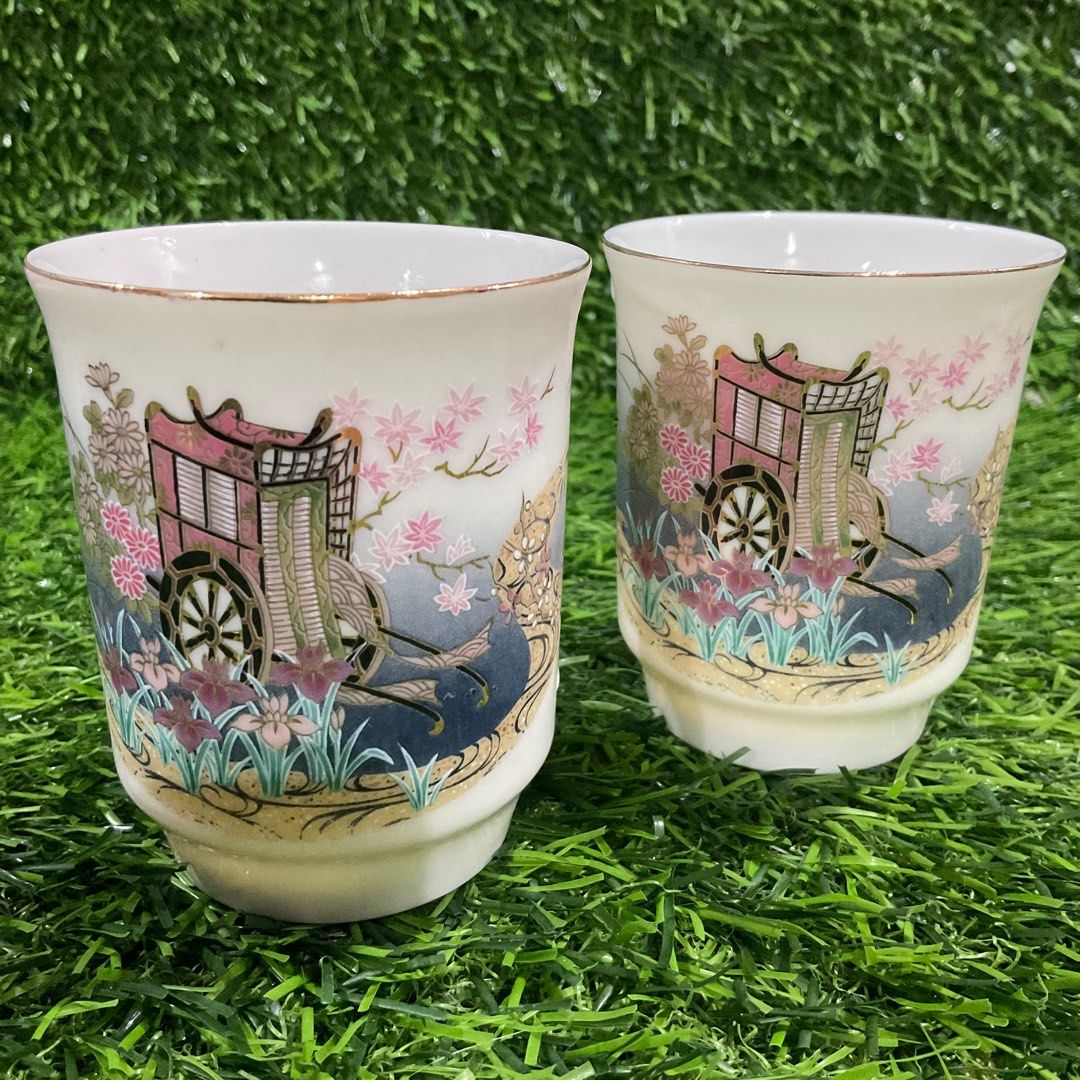 E13 Kutani White Porcelain Sake Tea Cup Landscape Carriage Sakura ...
