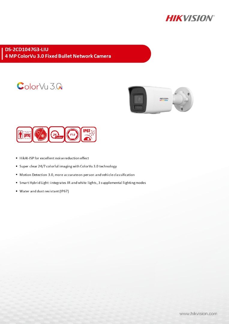 Hikvision DS-2CD1047G3-LIU 4MP Audio ColorVu 3.0 Fixed Bullet Network ...