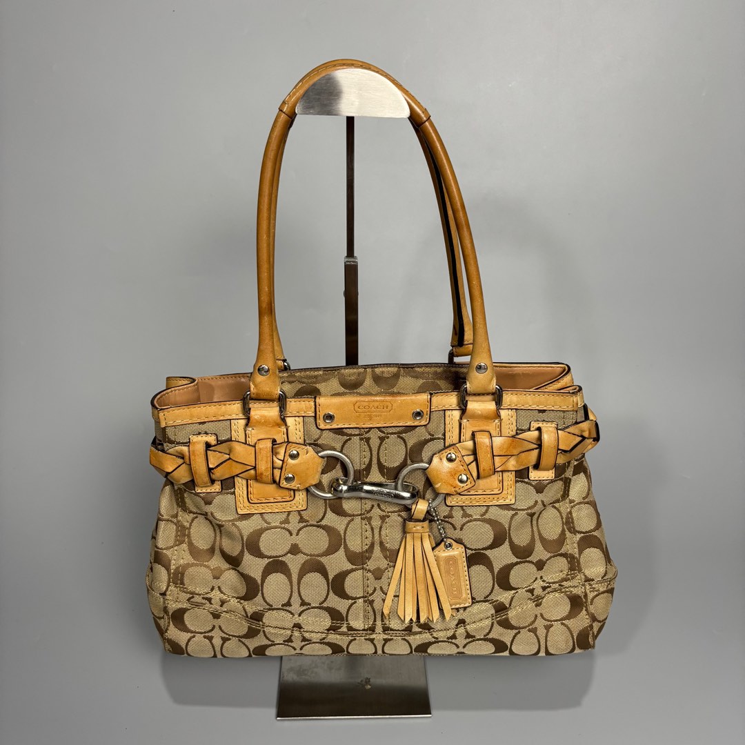 vintage Coach Hampton Signature Monogram tan braided leather shoulder ...