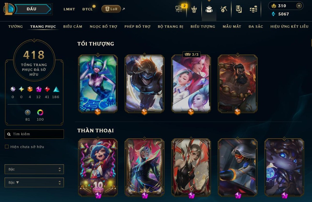 Stacked 418 Skins with Mythic TFT League of Legends Account, Video ...