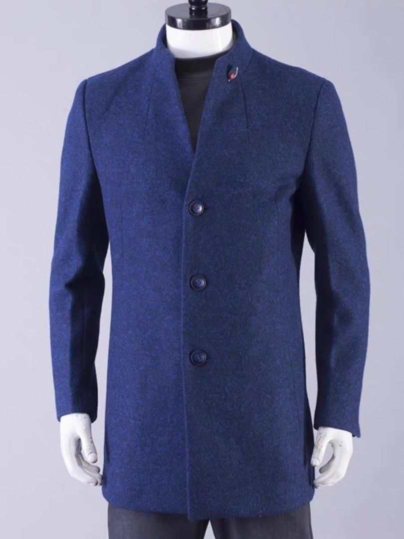 Men's Wool Blend Coat Winter Autumn Jacket Mid Collar - Blue size L ...