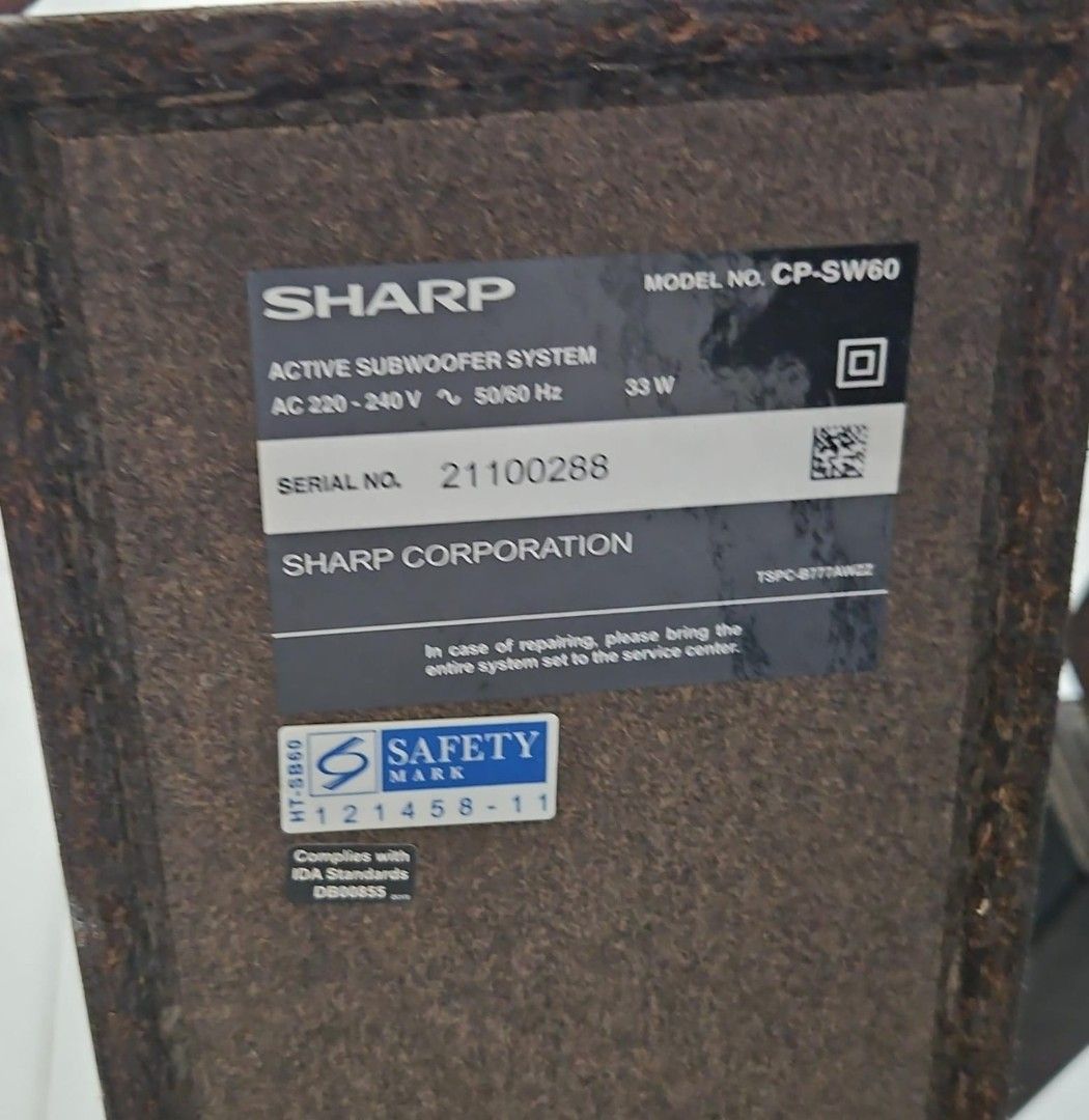 Sharp CP-SW60 Speaker Subwoofer For Surround Sound Stereo System, Audio ...
