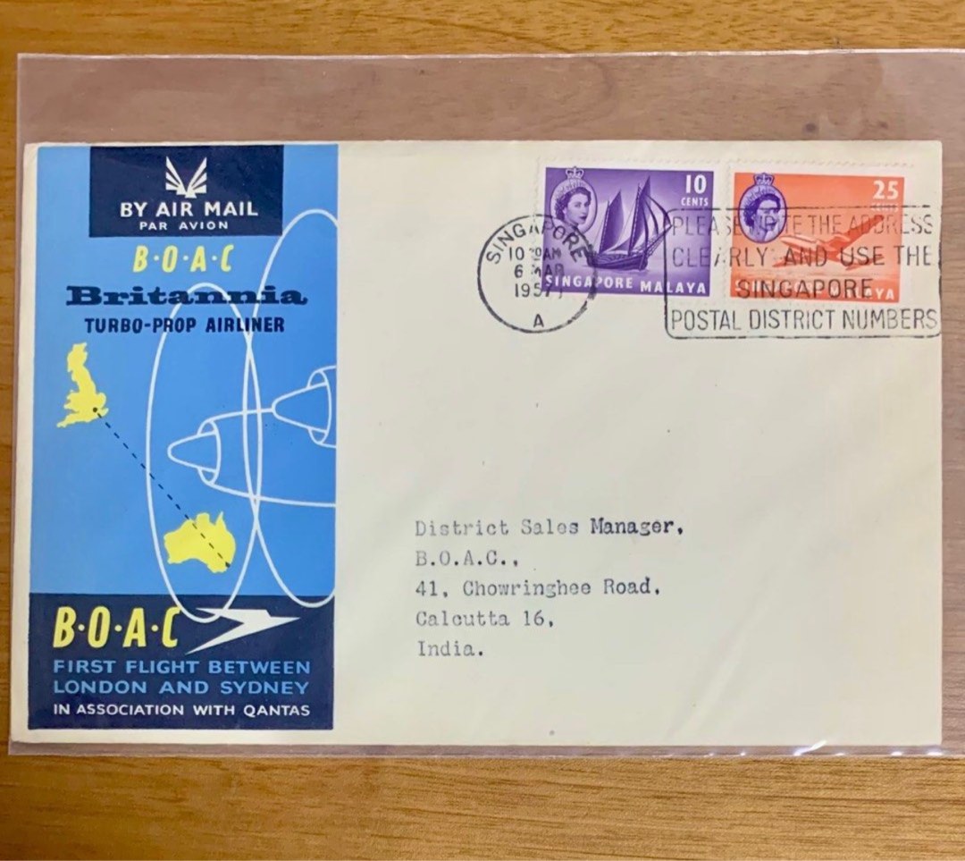 Singapore 1957 FFC first flight BOAC first flight cover to India ...