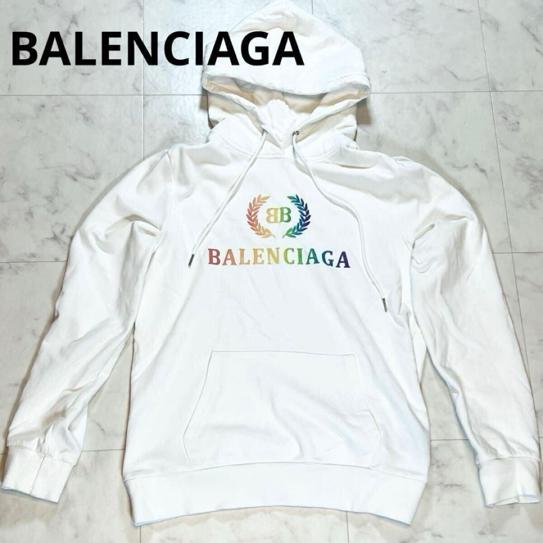 Balenciaga XL White Rainbow Logo Hoodie, Luxury, Apparel on Carousell
