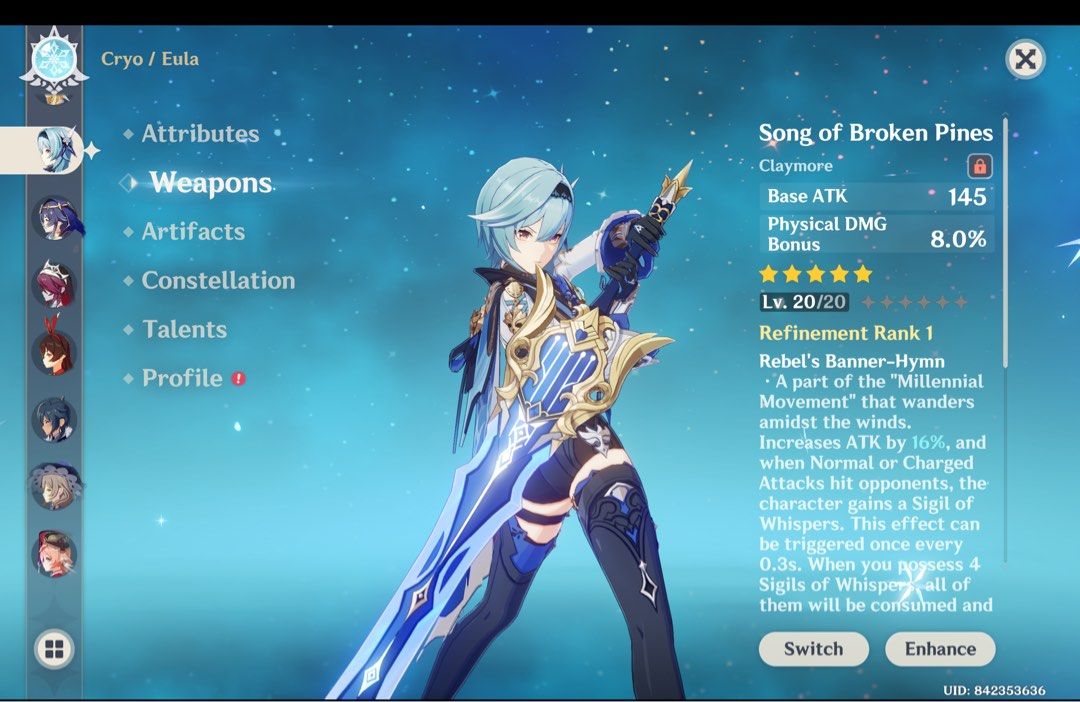 Eula + Song of Broken Pines, Keqing, Memory of Dust, The Daybreak ...