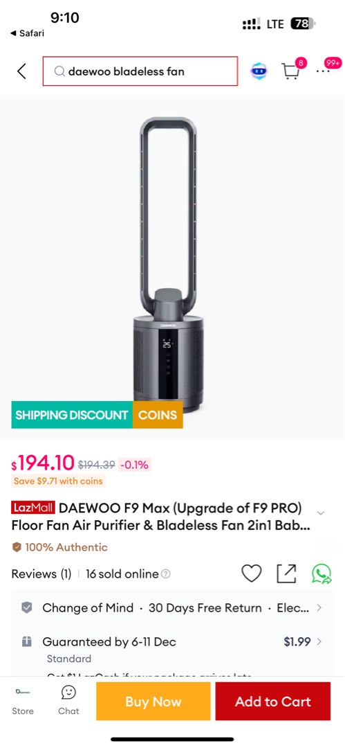 Daewoo F9 Max Floor Fan Air Purifier & Bladeless Fan, Furniture & Home ...