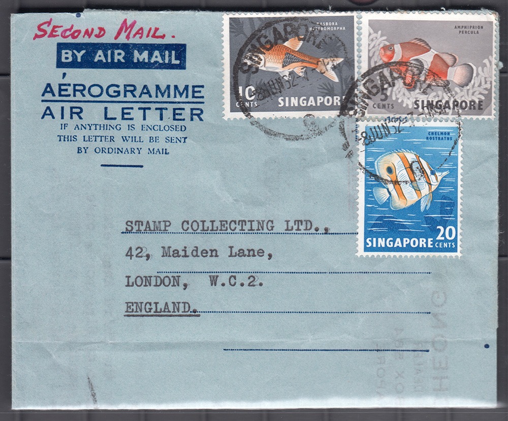 Singapore 1962 Formula Aerogramme 2nd Class Airmail 35c rate to London ...