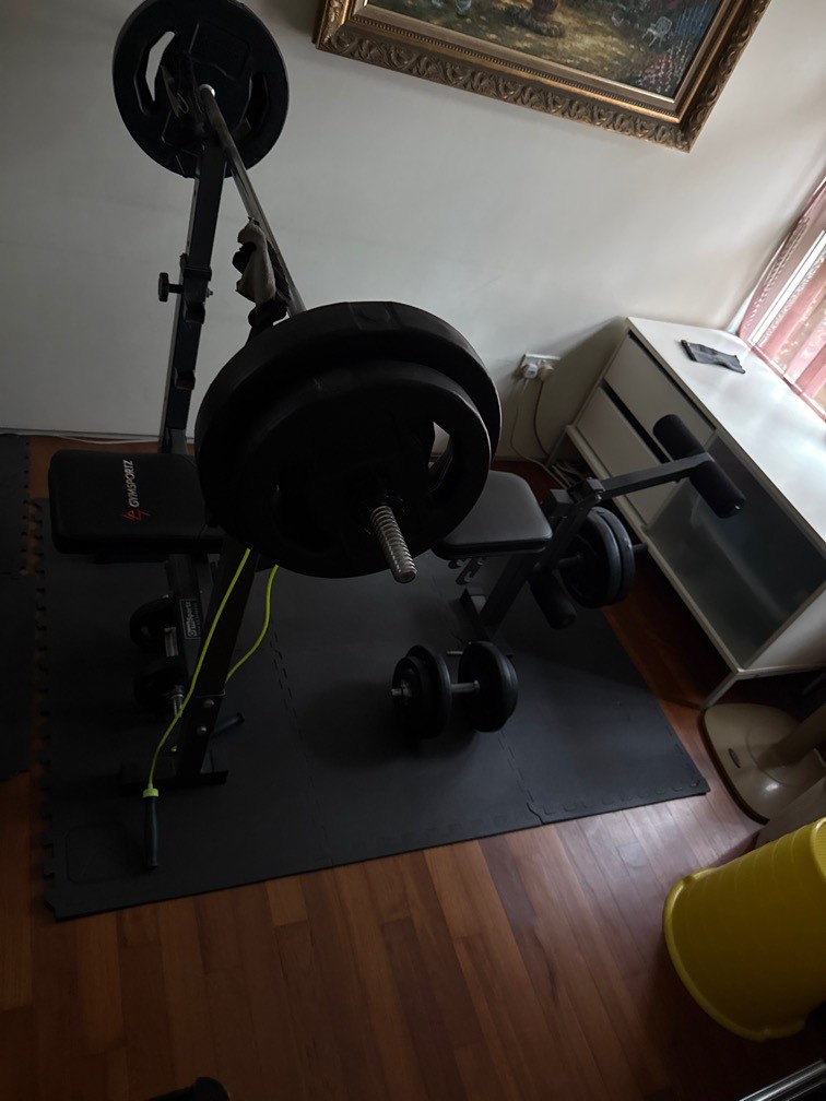 Weight bench with bar bell, dumbbells and weights, Sports Equipment ...