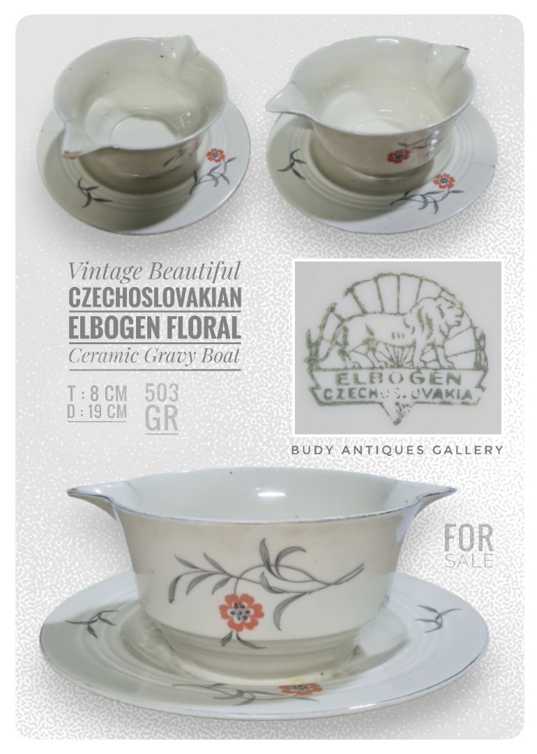 Antique Czechoslovakian Elbogen Floral Ceramic Gravy Boat, Perabotan ...