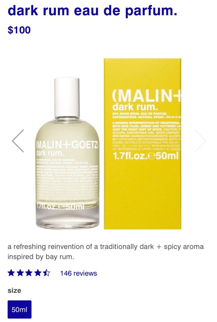 Malin + Goetz Dark Rum Eau de Parfum 50ml, Beauty & Personal Care ...