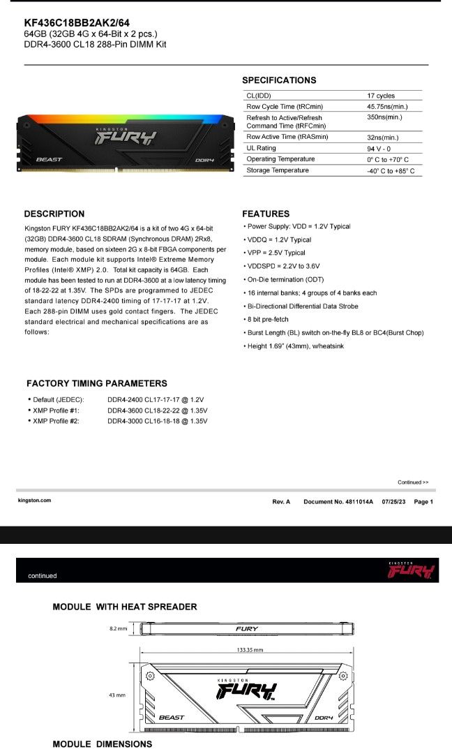 Kingston FURY Beast 64GB (2x32GB) 3600MT/s DDR4 CL18 Desktop Memory Kit ...