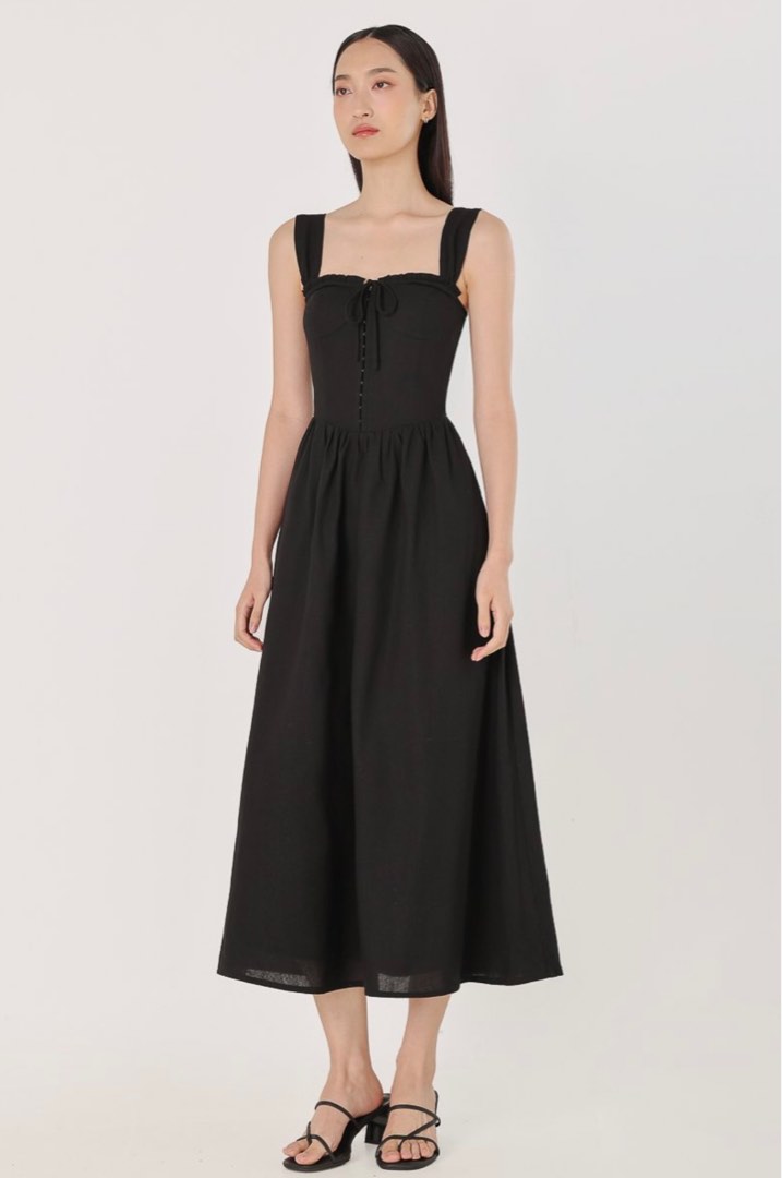LOVET LEIGH PADDED LINEN CORSET RIBBON TUBE MIDAXI DRESS (BLACK), Women ...