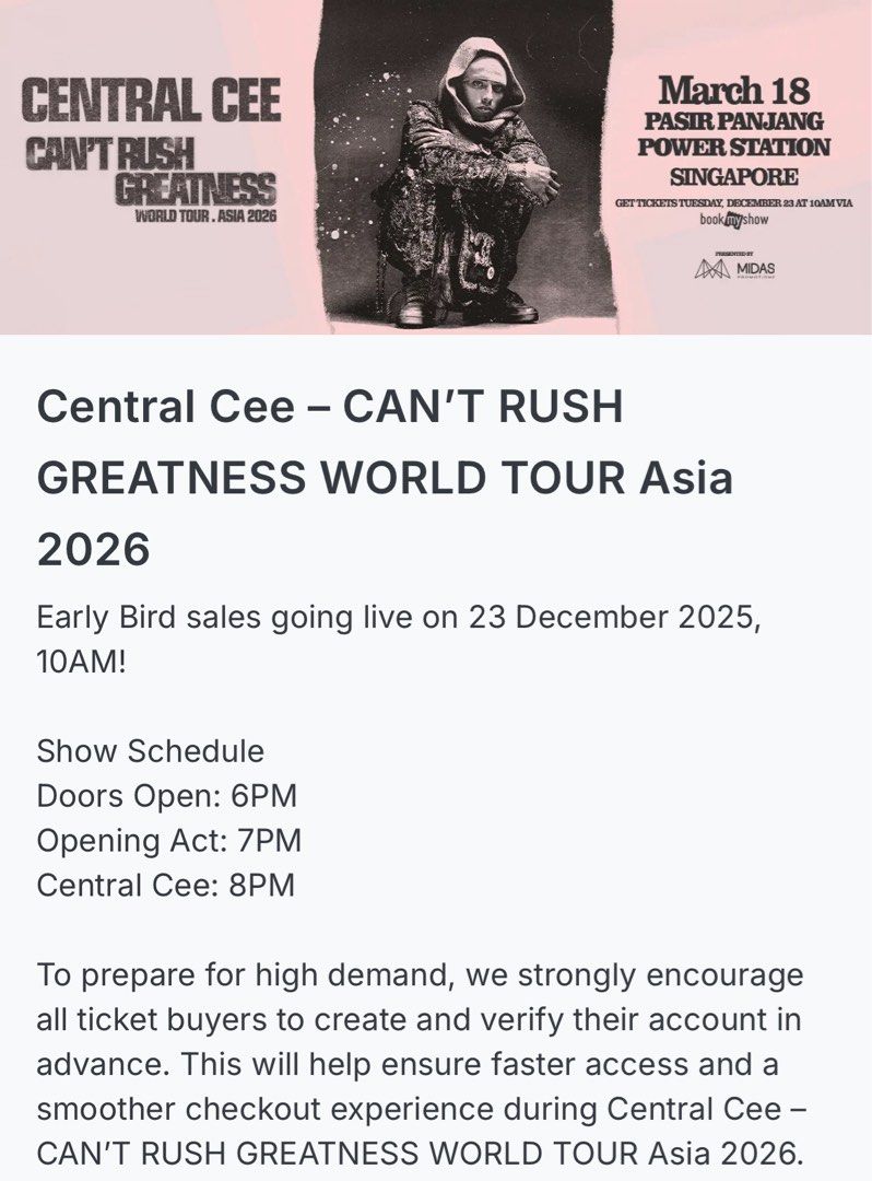 Central Cee - CAN'T RUSH GREATNESS World Tour Asia 2026, Tickets ...
