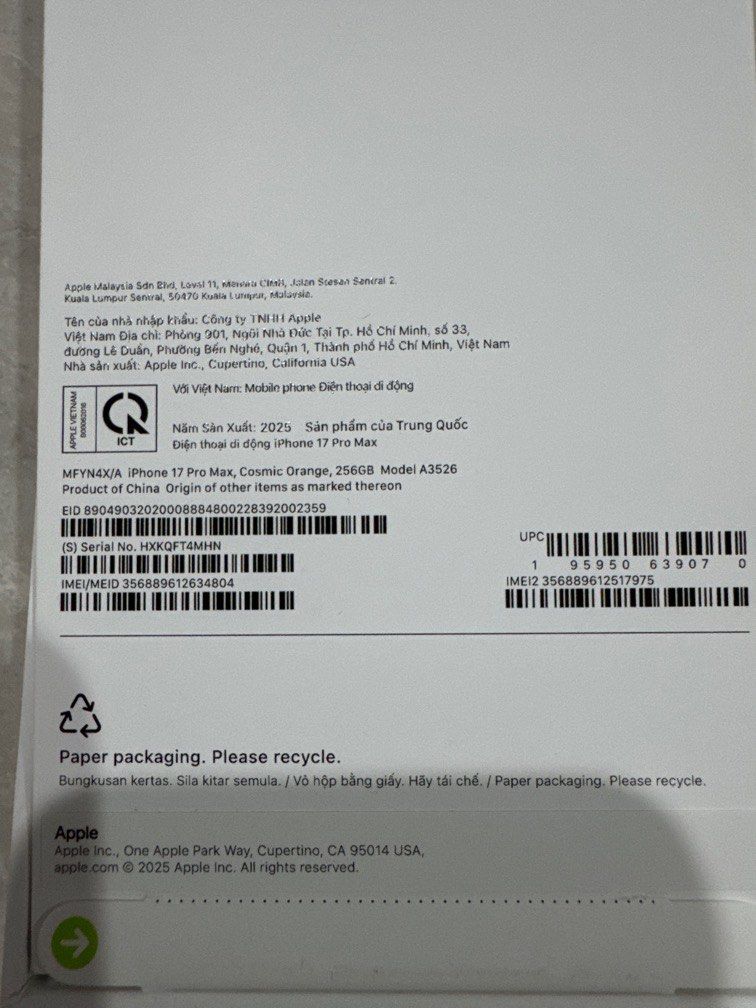 iPhone 17 Pro Max Cosmic Orange 256GB empty box, Mobile Phones ...