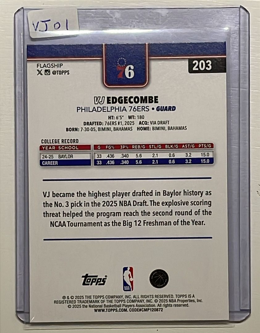 2025-26 Topps Flagship VJ Edgecombe Rc Rookie #203, 興趣及遊戲, 收藏品及紀念品, 明星 ...