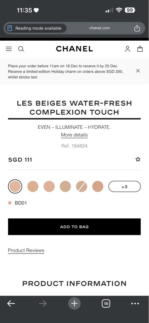 Chanel Les Beiges Water-Fresh Complexion Touch - BD01, Beauty ...