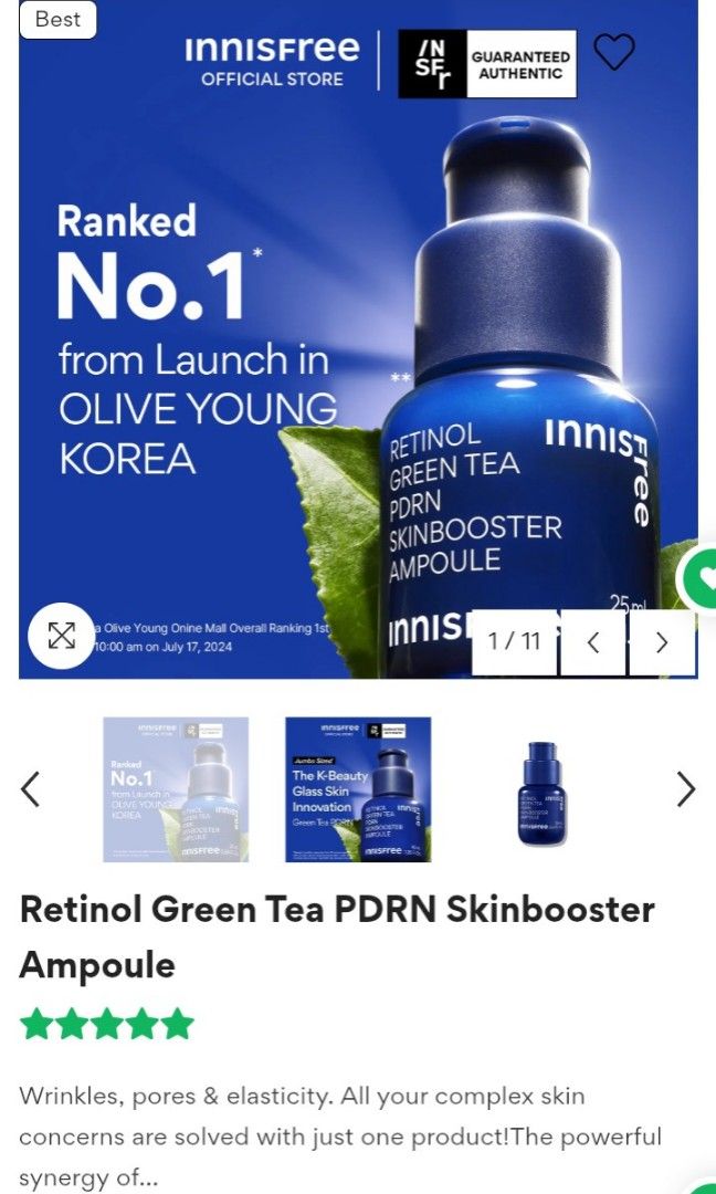 Innisfree retinol green tea PDRN ampoule, Beauty & Personal Care, Face ...