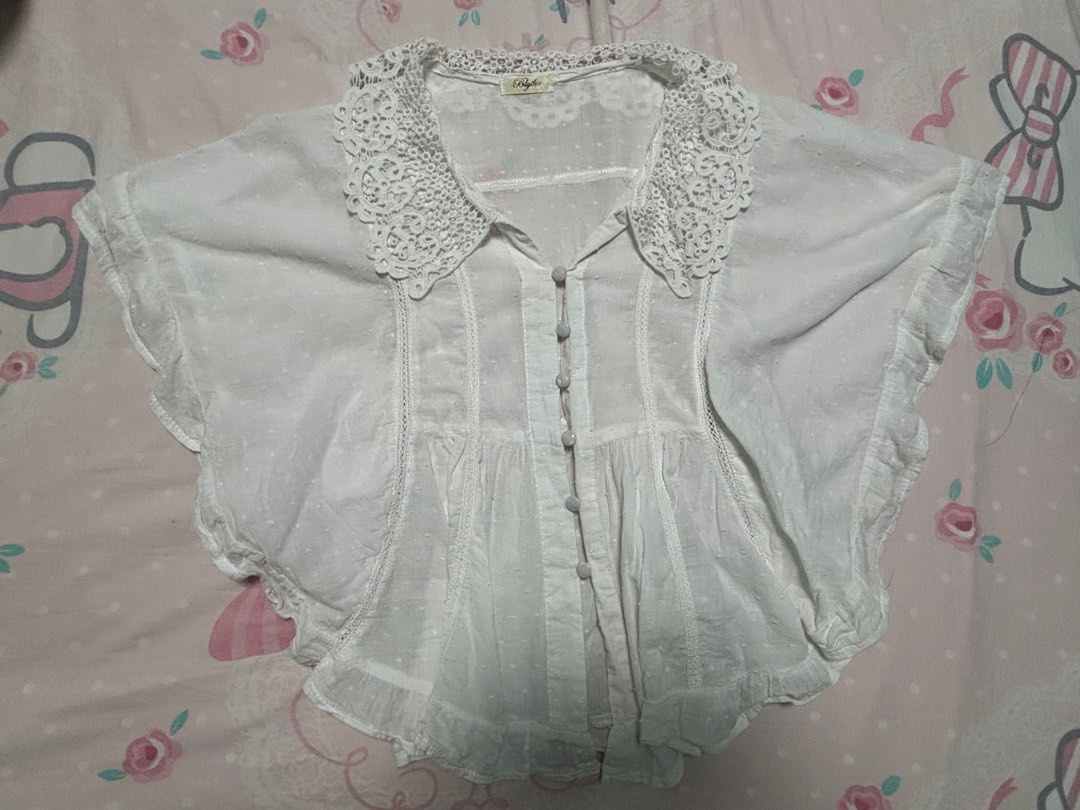 Sheer white bat wings top, Women's Fashion, Tops, Other Tops on Carousell