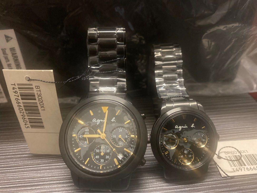 絕版 全新 agnès b. Agnes b watch 環遊世界地圖計時腕錶 39 mm 黑金 不鏽鋼 3眼計時 石英錶 手錶 black ...