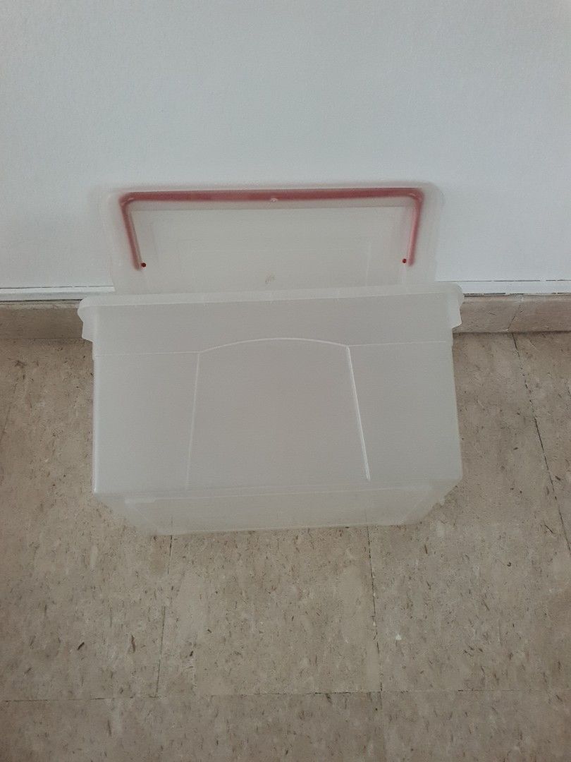 Clear Plastic Storage Box with Red Handle, Furniture & Home Living ...