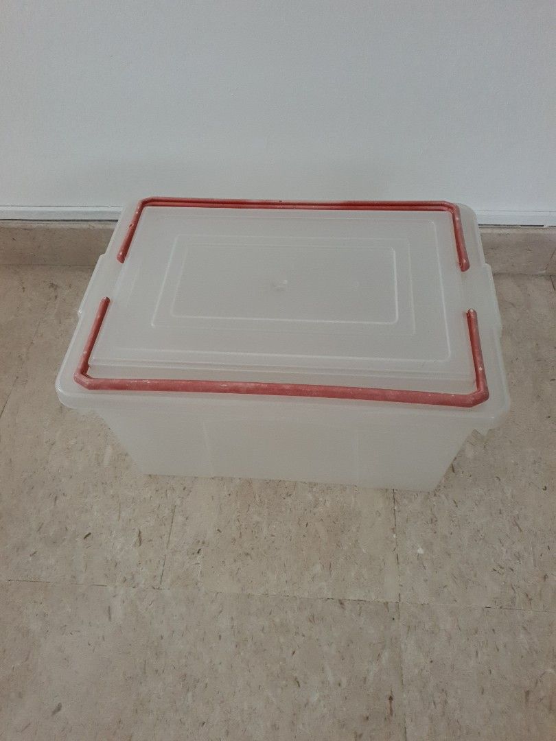 Clear Plastic Storage Box with Red Handle, Furniture & Home Living ...