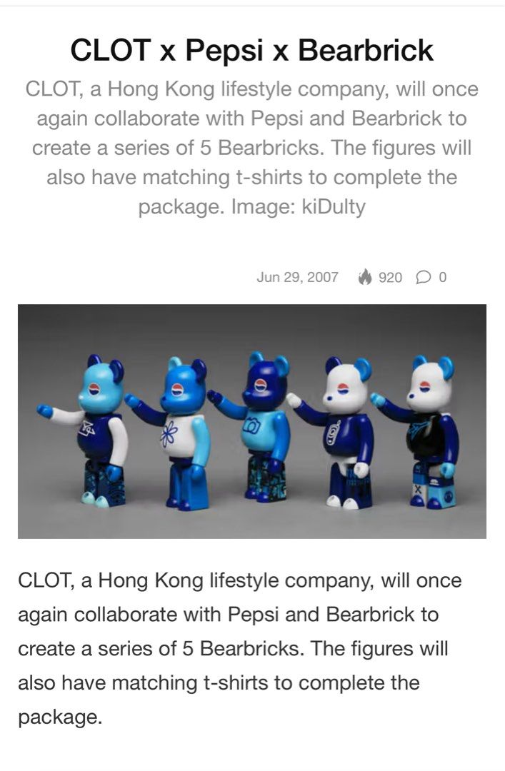 CLOT Pepsi 100% Bearbrick Set of 5, Hobbies & Toys, Toys & Games on ...