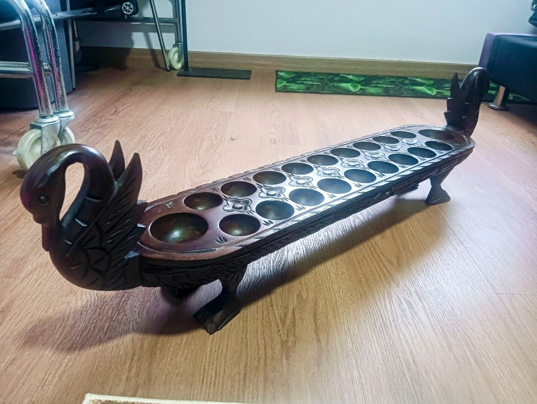 Hand-Carved Wooden Mancala Board Game with Stones, Hobbies & Toys, Toys ...