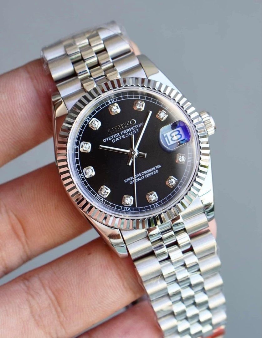 Seiko mod black datejust diamond stud design style custom watch, Women ...