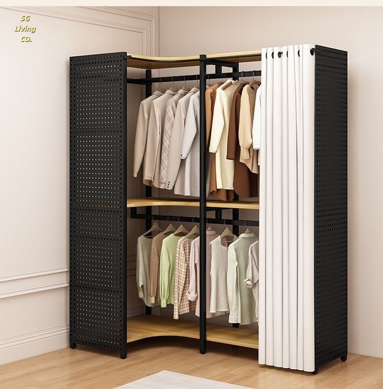 SG Living Wardrobe Rack with Curtain Pegboard Hanging Rack, Open ...