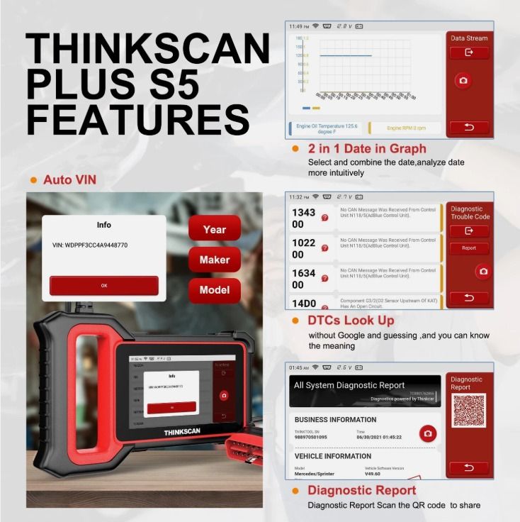 Thinkcar Thinkscan Plus S5 OBD2 Car Scanner OBD Engine ABS SRS ...