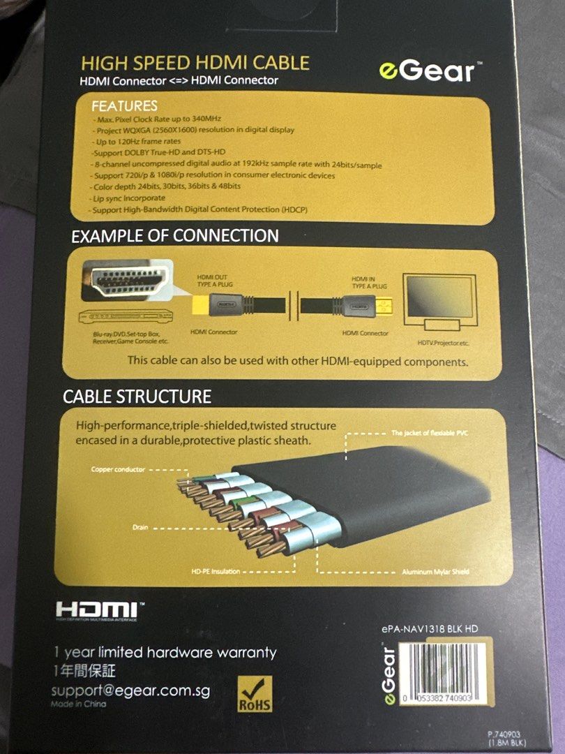 #003 eGear High-Speed HDMI Cable 6ft, Computers & Tech, Parts ...