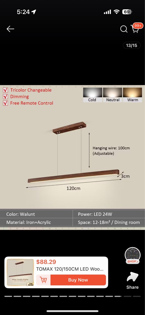 120cm LED Wood Rectangular Cuboid Pendant Light, Furniture & Home ...