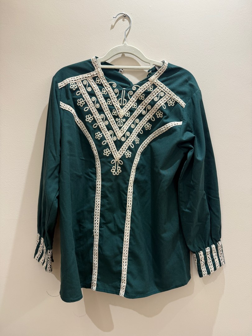 Emerald Green Embroidered Blouse, Women's Fashion, Tops, Blouses on ...