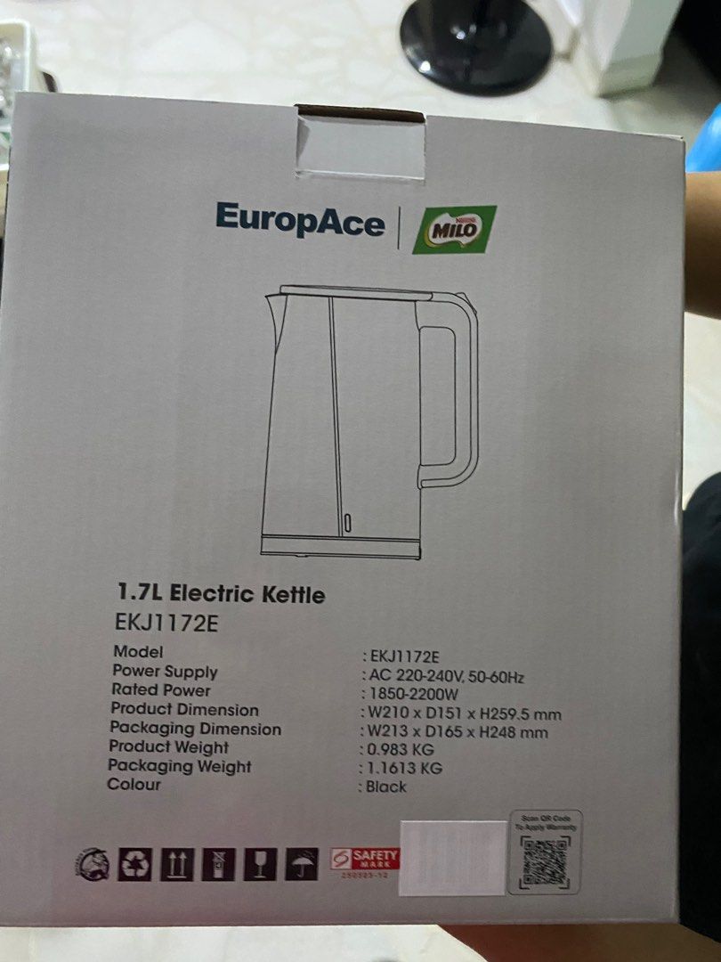 EuropAce Milo 1.7L Electric Kettle EJK1172E, TV & Home Appliances ...