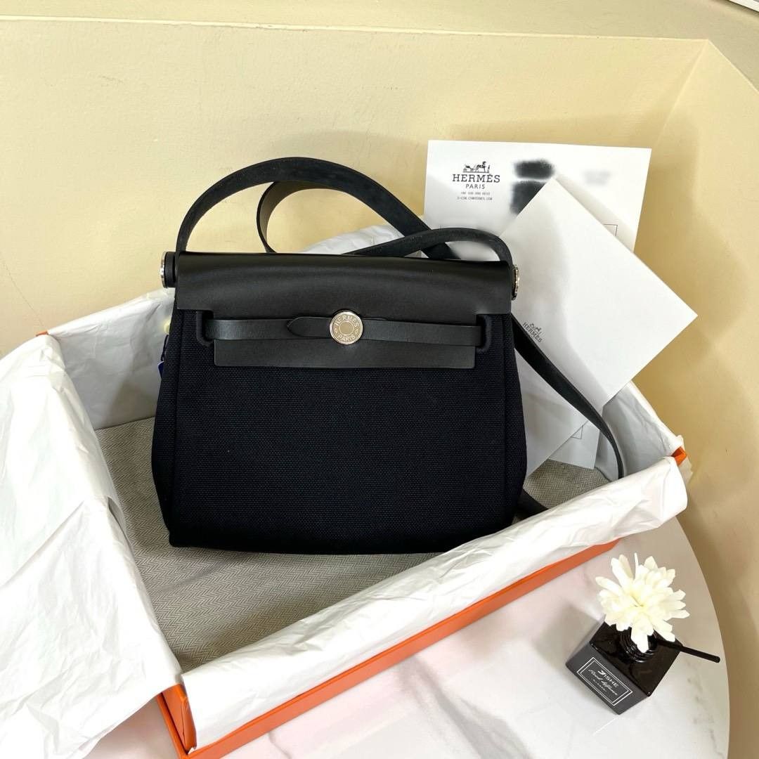 Hermes Mini Herbag in Black Noir PHW Full set with receipt, Luxury ...