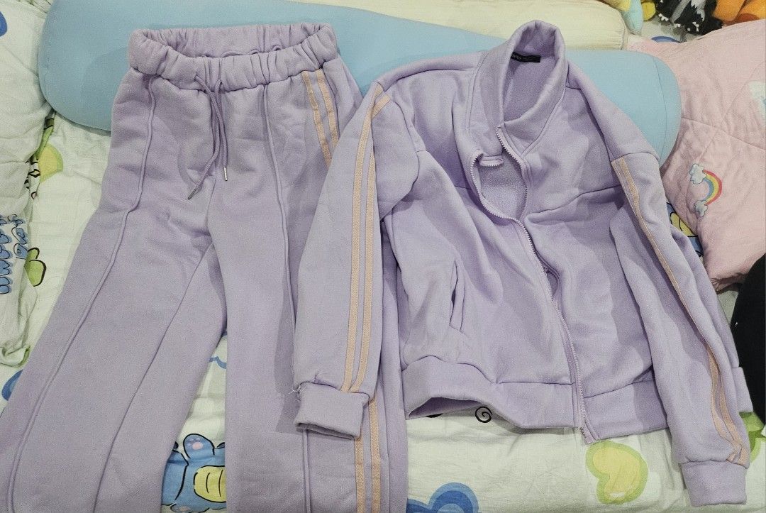 Lavender Tracksuit Set with Pink Stripes, Women's Fashion, Dresses ...