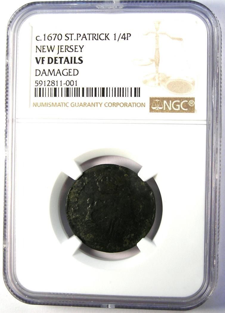 1670 NJ St. Patrick Farthing Colonial Coin 1/4P Certified NGC VF ...