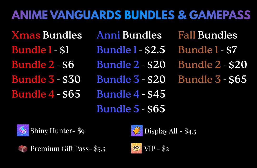 Anime Vanguards Gamepasses and Bundles, Video Gaming, Gaming ...