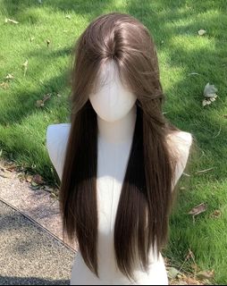 FRONT LACE Cold Brown Layer Cut Long Straight Hair Wig, Women's Fashion ...